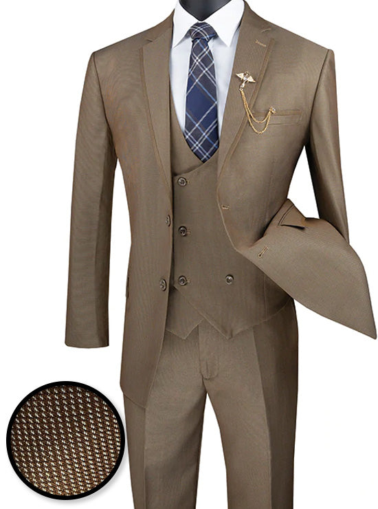Birdseye Pattern Modern Fit 3 Piece Khaki Suit with Contrast Trim | Alberto Nardoni