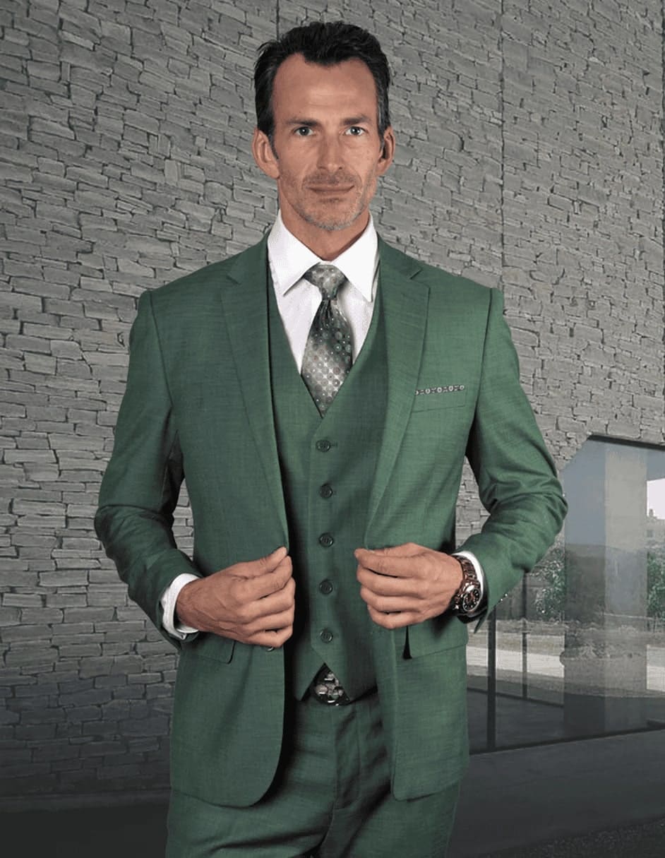 Mens 2 Button Slim Fit Vested Wool Suit in Forest Green | Alberto Nardoni