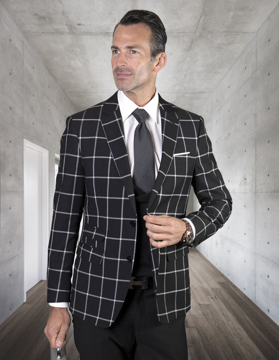 Mens 2 Button Suit with Low Cut Vest in Black Plaid | Alberto Nardoni