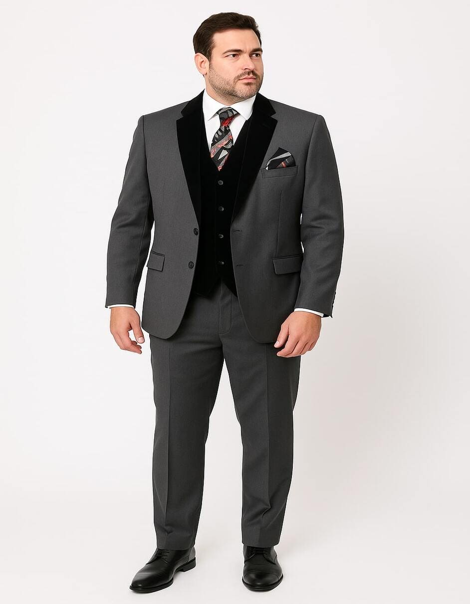 Men's Charcoal Gray 3-Piece Suit with Black Velvet Lapel â€“ Formal ...