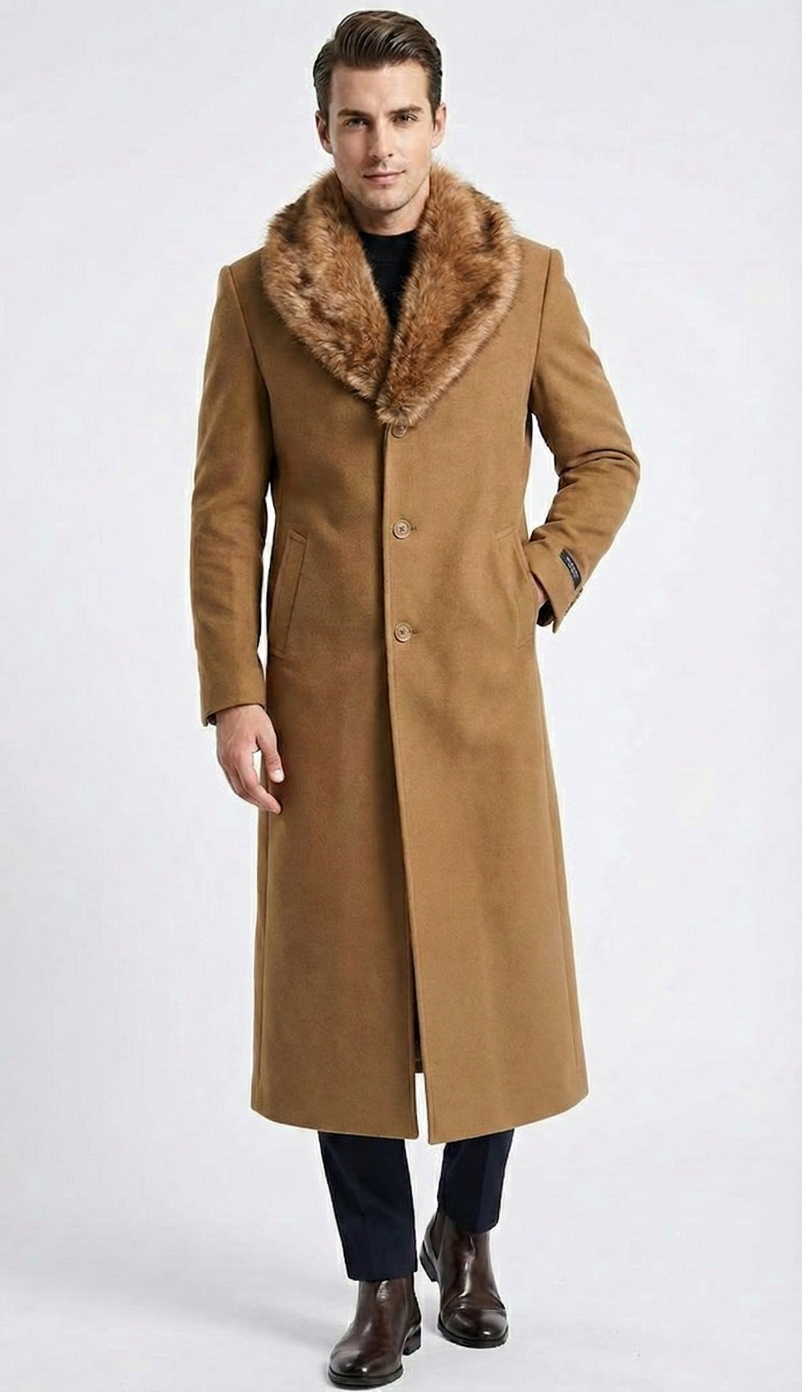 Men's Camel Brown Long Overcoat with Faux Fur Collar, Classic Winter ...