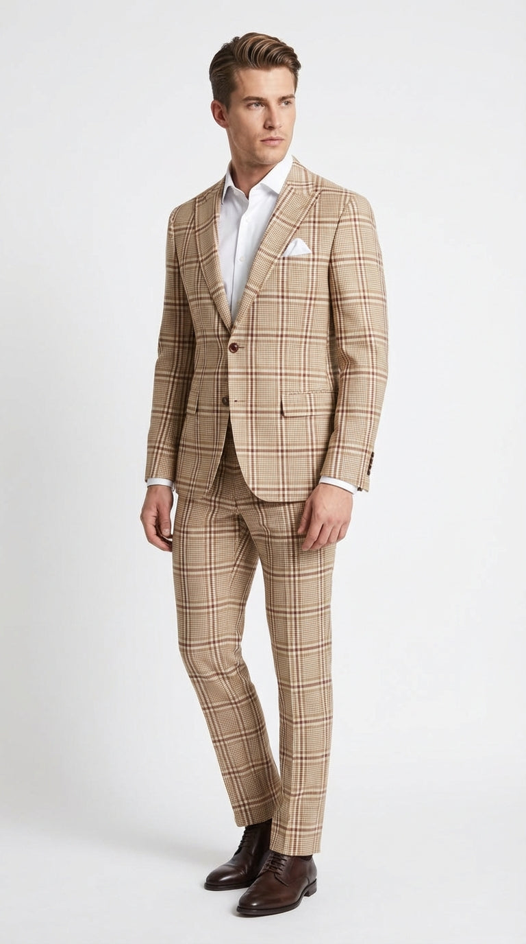 Beige Tan Plaid windowpane Two Piece Suit for Men | Classic Checkered ...