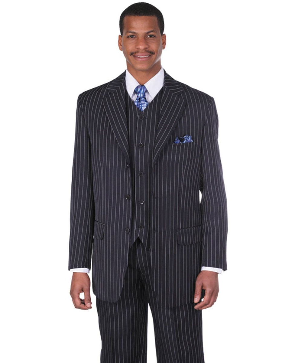 Mens Cheap Blue Suit 3 Button Notch Lapel Bold Pinstripe Gangster Suit ...
