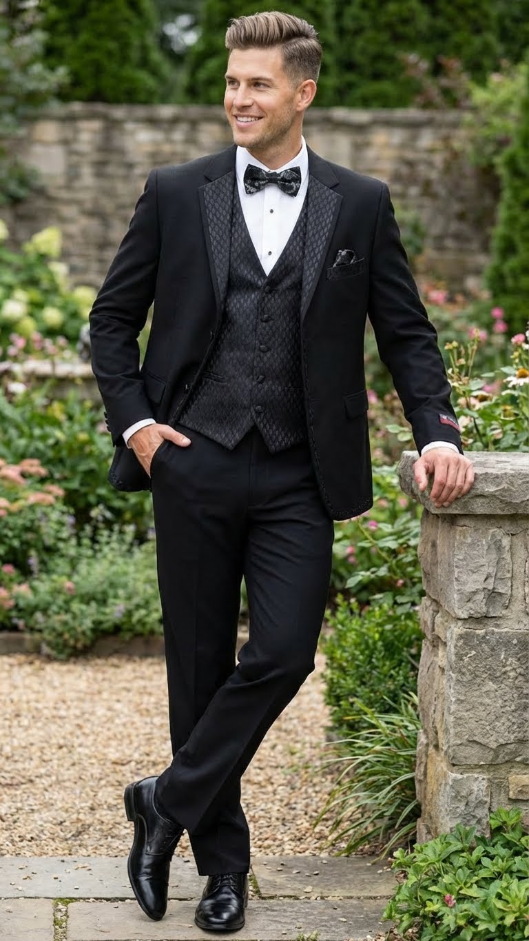 Men's Black Vested Tuxedo Suit with Patterned Lapel – Classic Formal ...