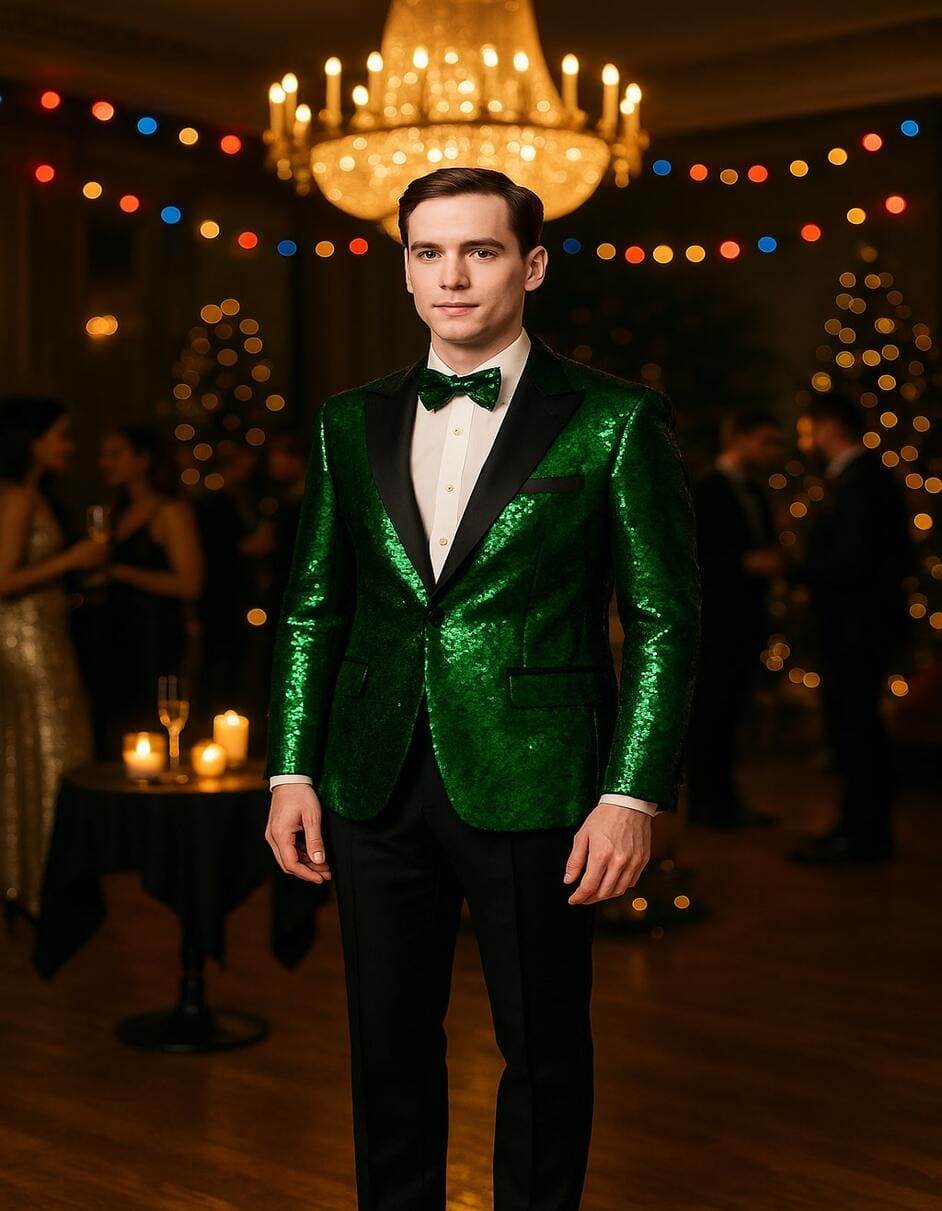 Men's Green Sequin Tuxedo Jacket with Black Satin Lapel and Bow Tie â ...