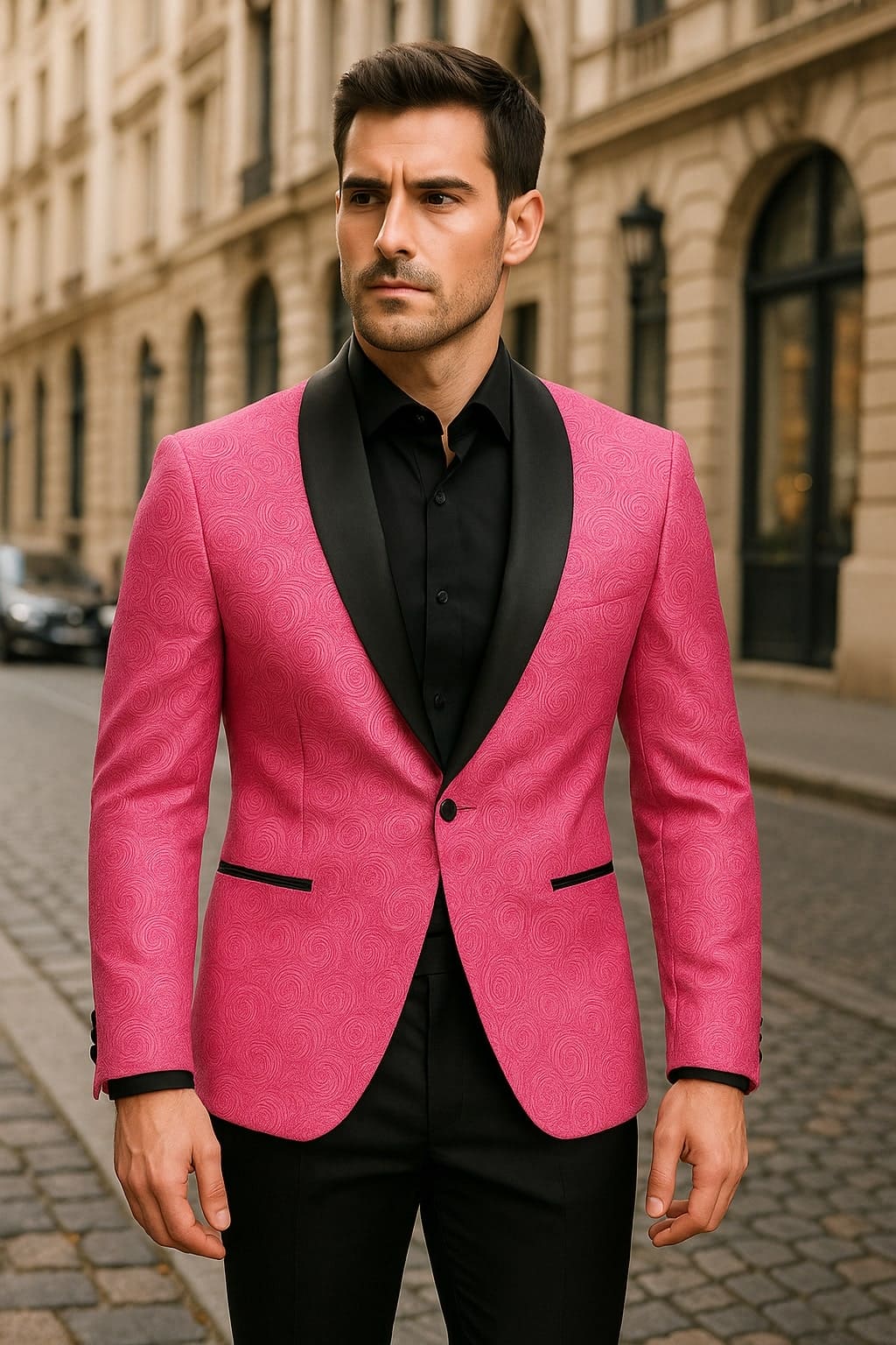 Men’s Hot Pink Tuxedo Suit With Black Pants Paisley Patter with Black ...