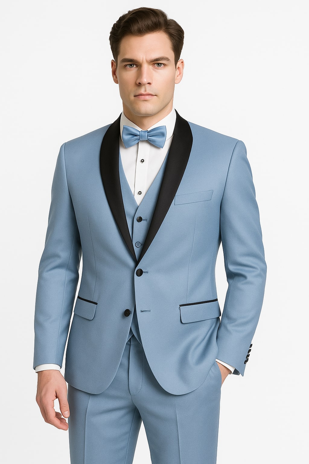 Dusty Blue Suit – Shawl Collar Vested 3-Piece Men’s Suit, Slim Fit ...