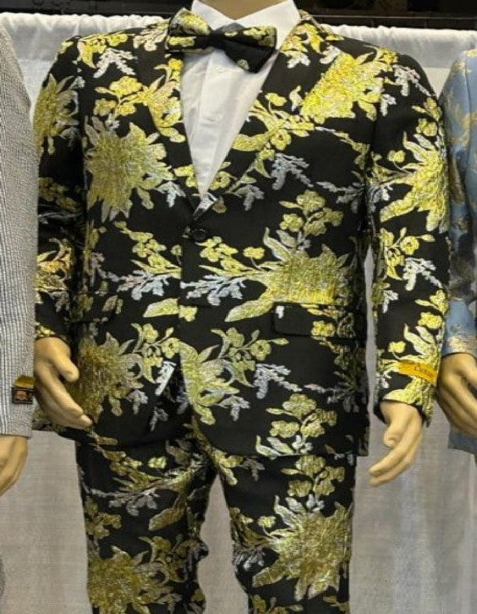 Black and Gold and Sliver Prom Suit - Paisley Floral Tuxedo Suit With ...