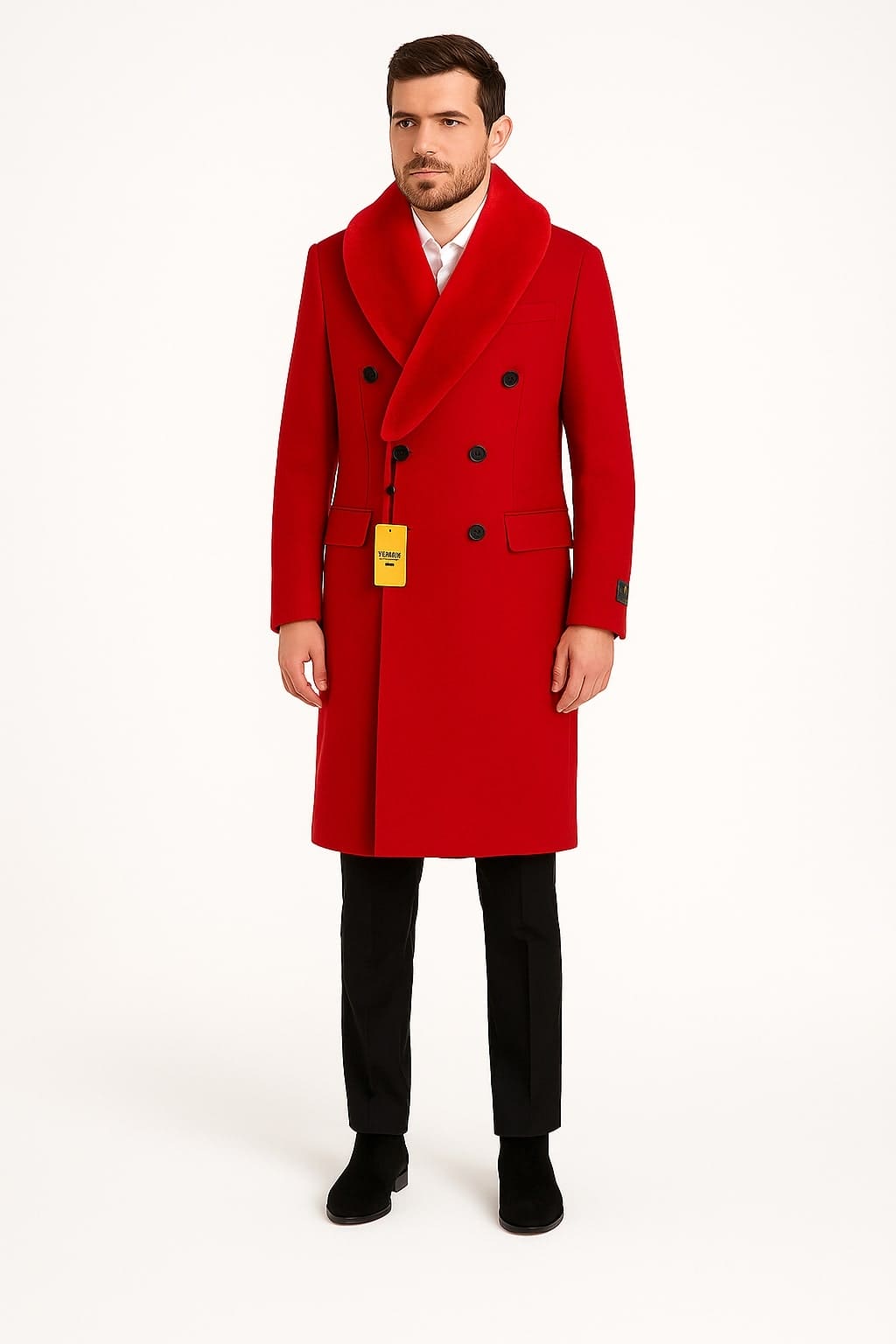 Mens Double Breasted Red Overcoat with Bold Red Faux Fur Collar â ...