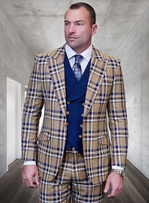 Statement Confidence Designer Suit Camel Khaki Color Windowpane Su Alberto Nardoni