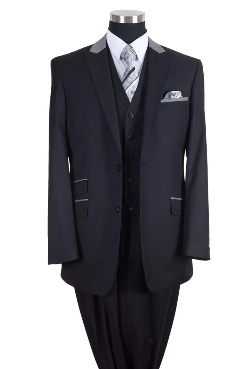 Mens Vested Peak Lapel with Contrast Collar Suit in Black/Grey ...
