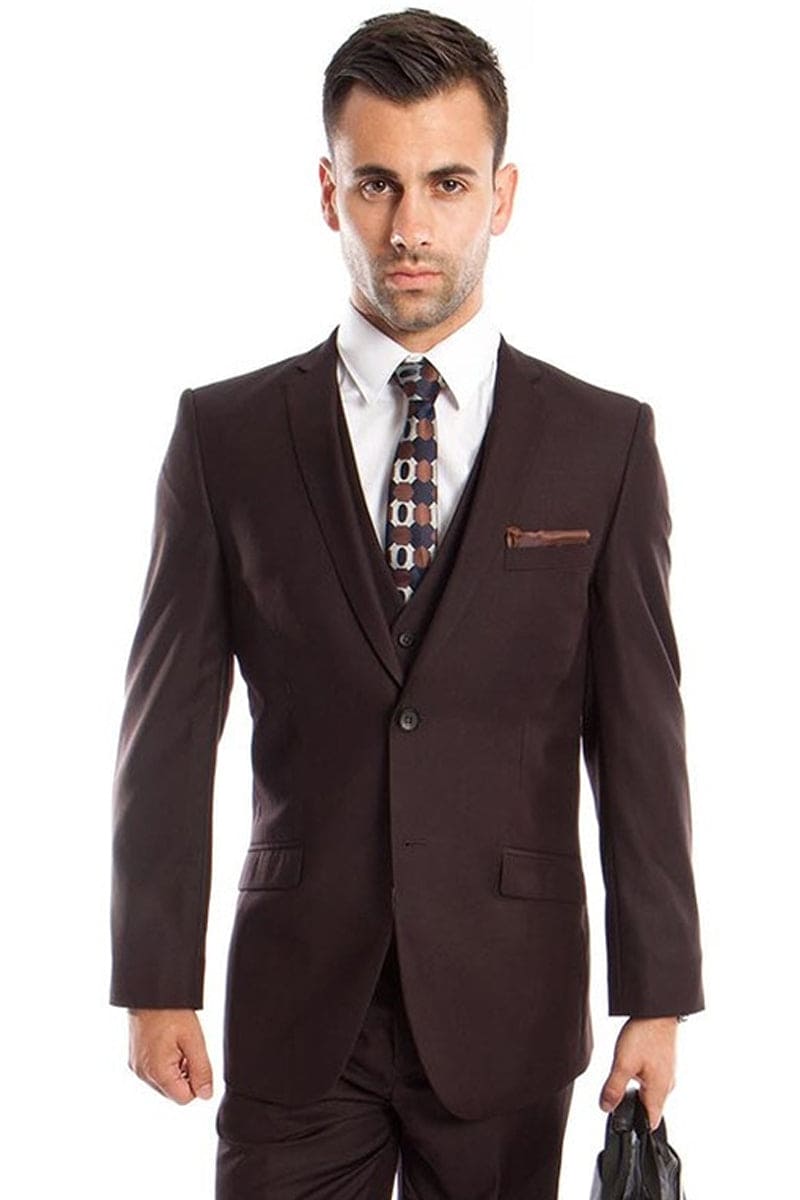 Brown Slim Fit Men's Wedding Suit - Two Button Basic Vested | Alberto ...
