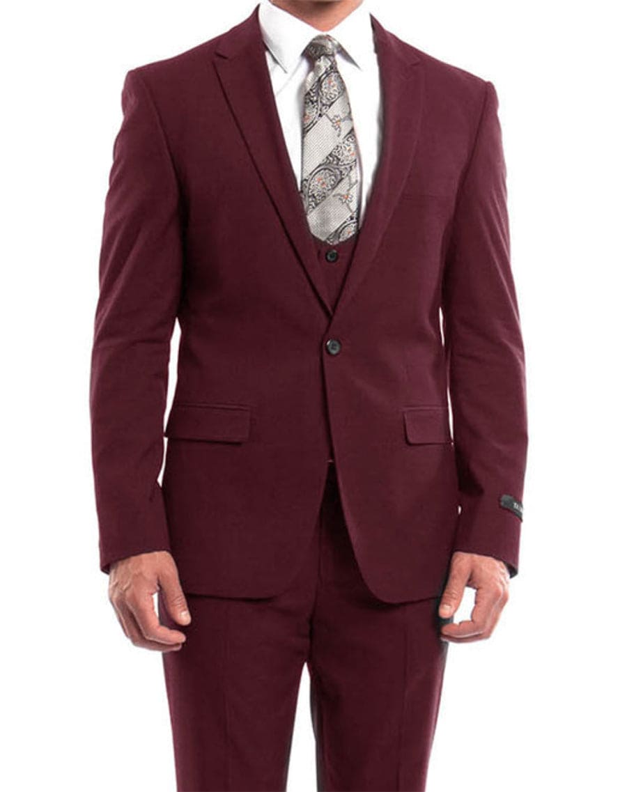 Burgundy Solid Color 3 Piece Slim Fit Suit 1 Button Peak Lapel ...