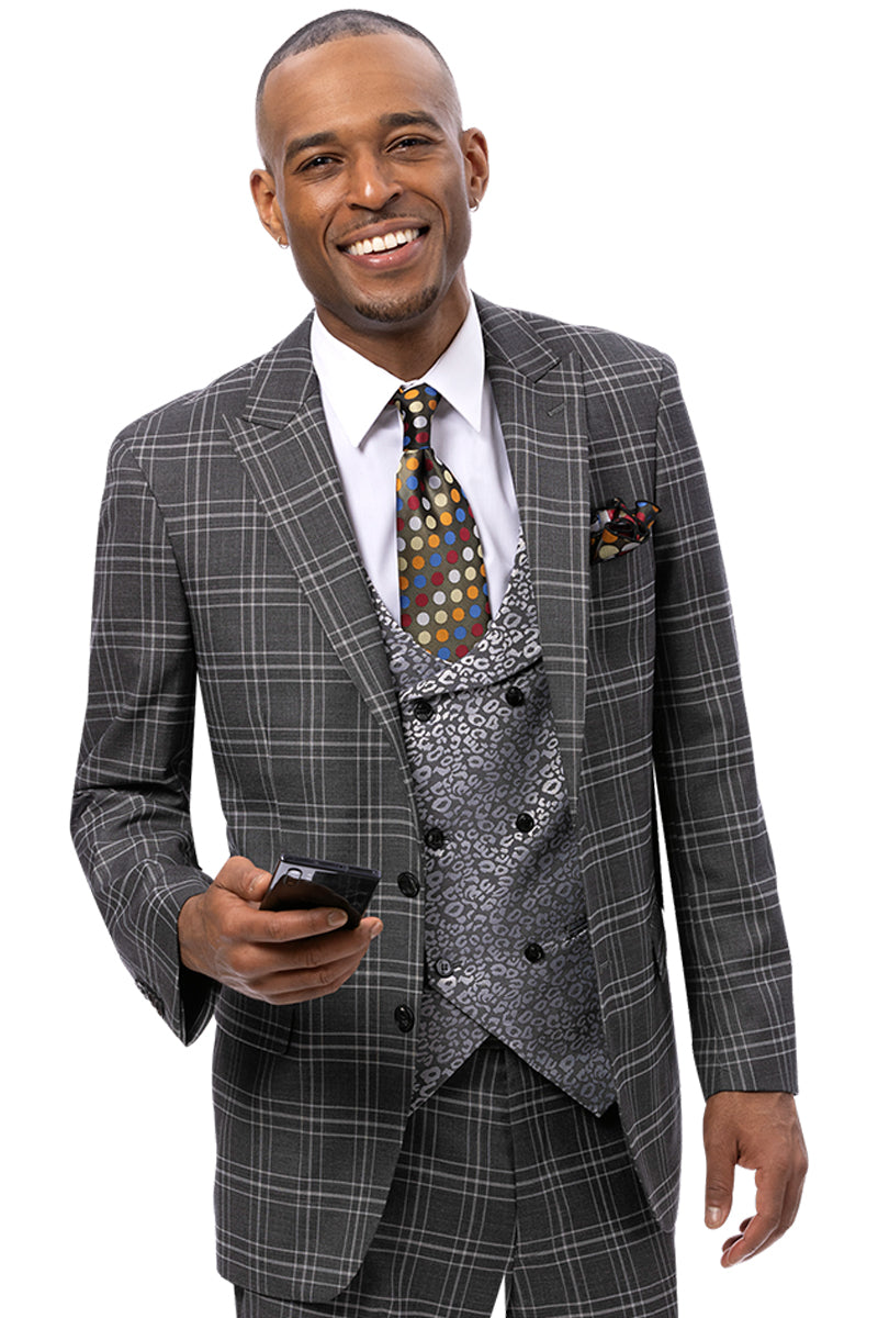 Men's Modern Fit Windowpane Plaid Suit with Paisley Double Breasted ...