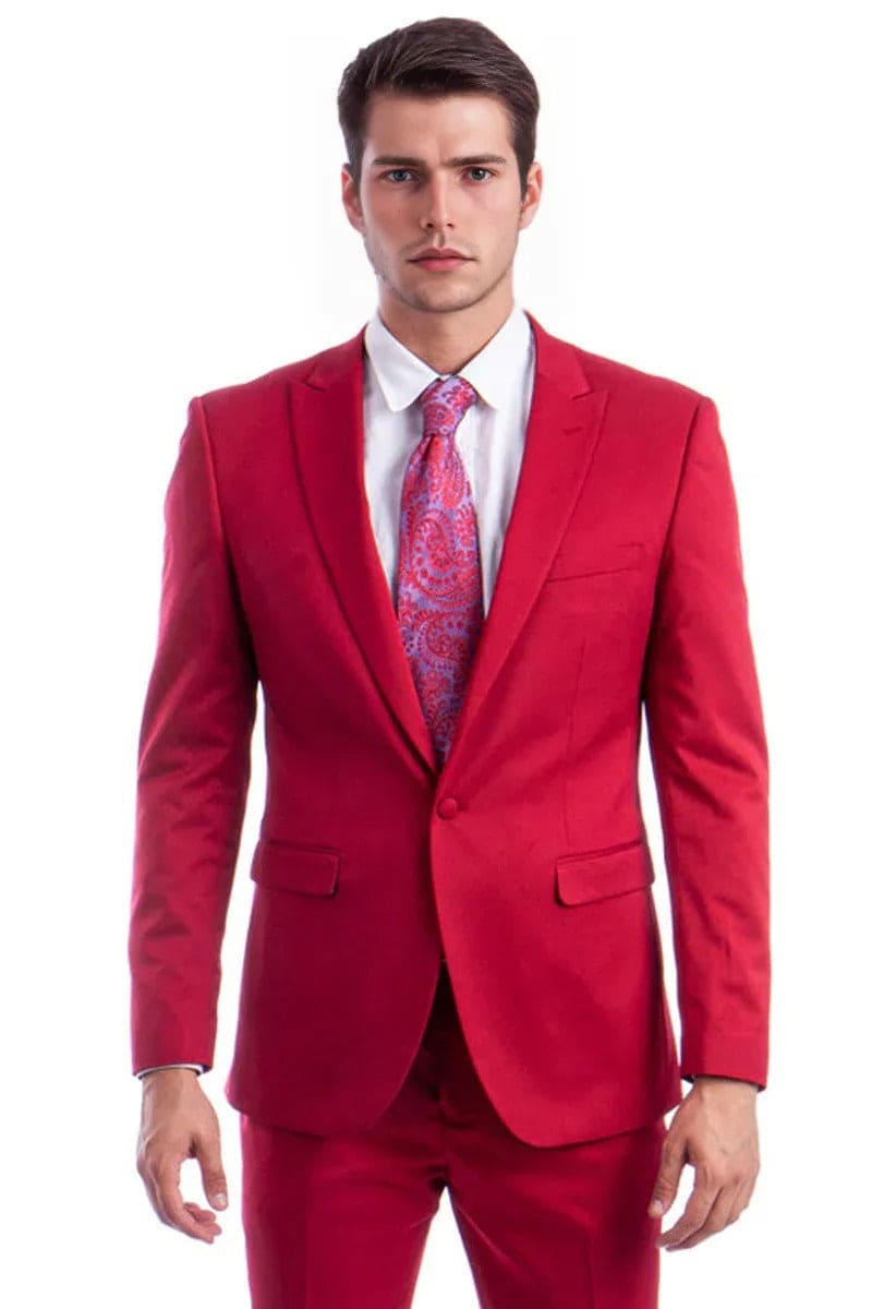 "Red Slim Fit Men's Suit with One Button Peak Lapel Design" | Alberto ...