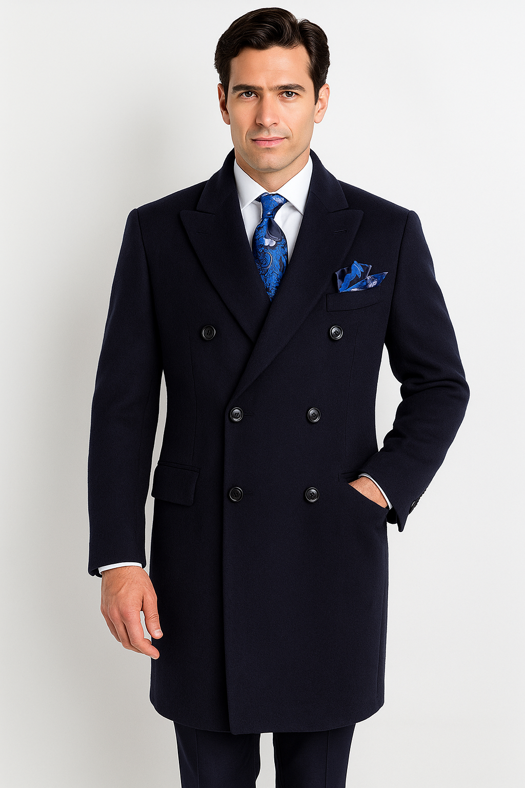 Navy Blue Overcoat - Blue Winter Topcoat - Fabric Double Breasted ...