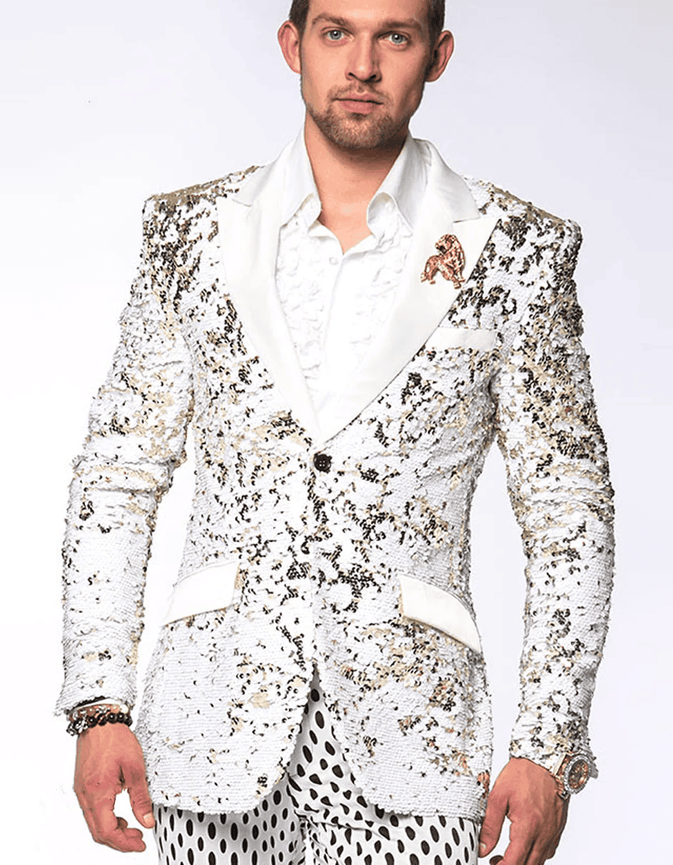 Mens White and Gold Reversible Sequin Prom and Wedding Blazer | Alberto ...