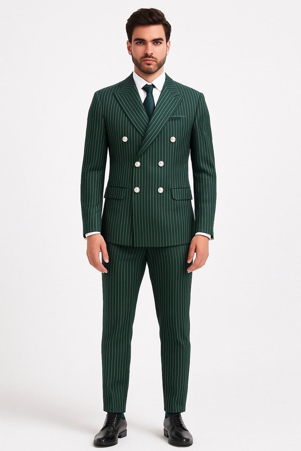 Mens Green Pinstripe Double-Breasted Suit Slim Fit 2 Piece Formal ...