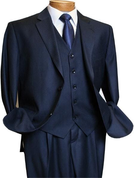 2BV Men's 3 Piece Dark Navy Blue Suit For Men Mini Pinstripe ~ Stripe ...