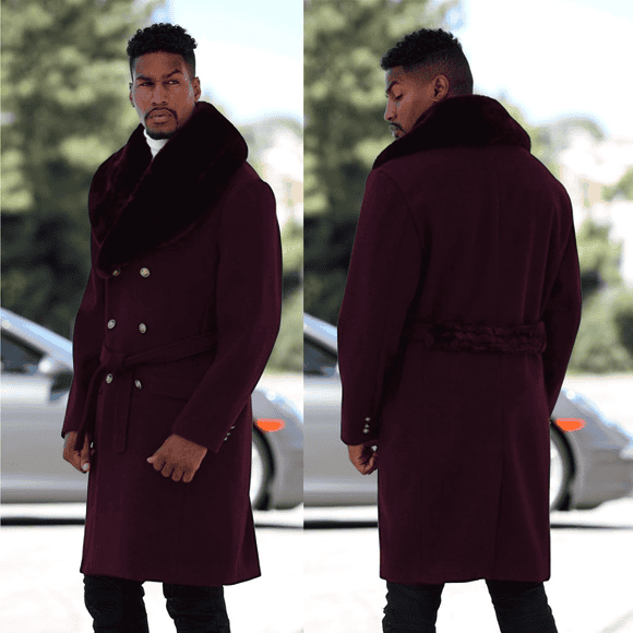 Mens Fur Collar Overcoat - Burgundy Three Quarter Coats Wool Fabric ...
