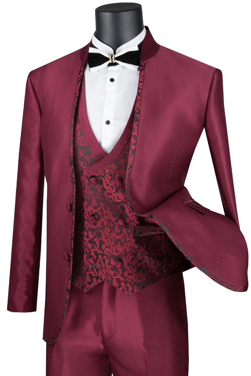 Mens Fancy Vested Mandarin Collar Tuxedo Suit in Burgundy | Alberto Nardoni