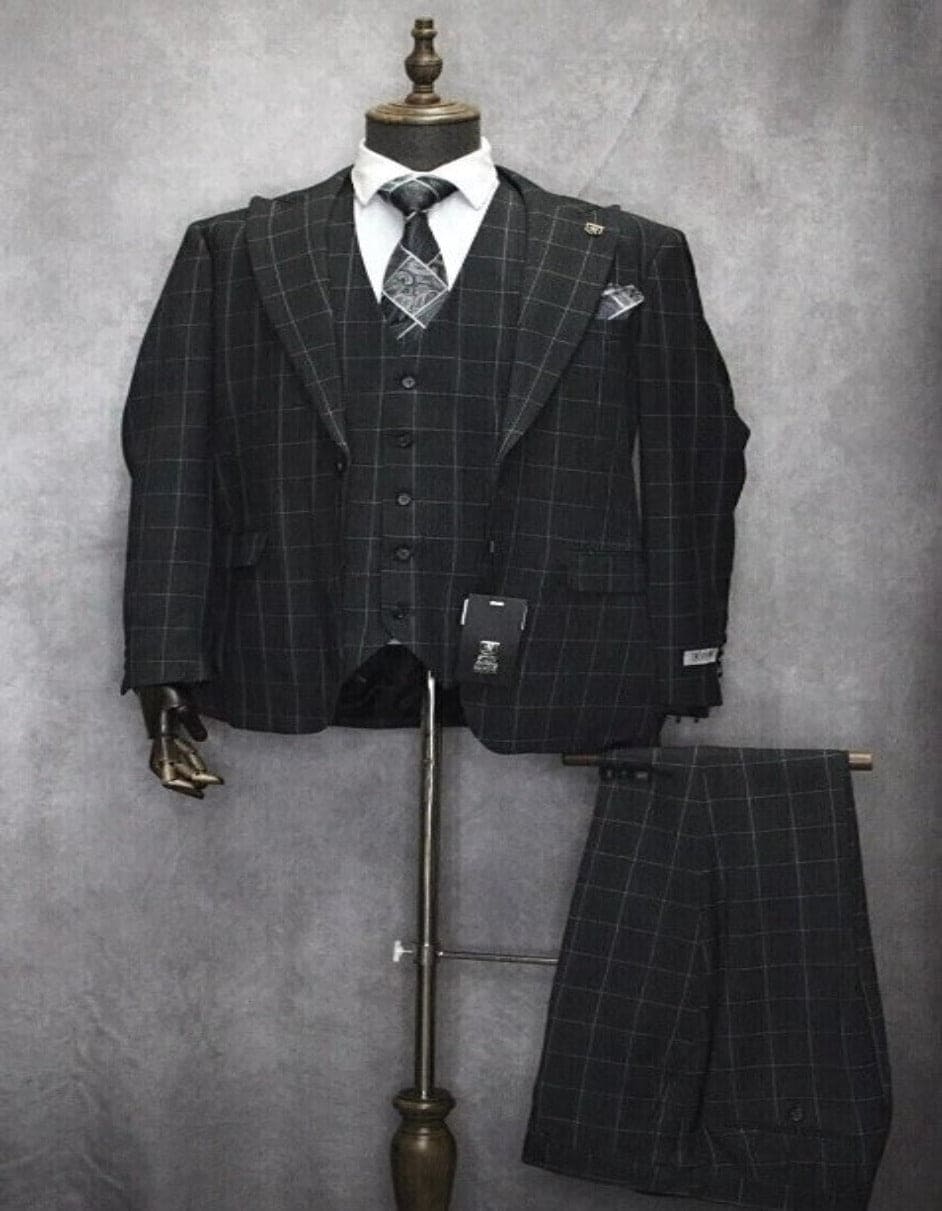 Mens Two Button Peak Lapel Plaid Pattern Suit Charcoal ~ White ...