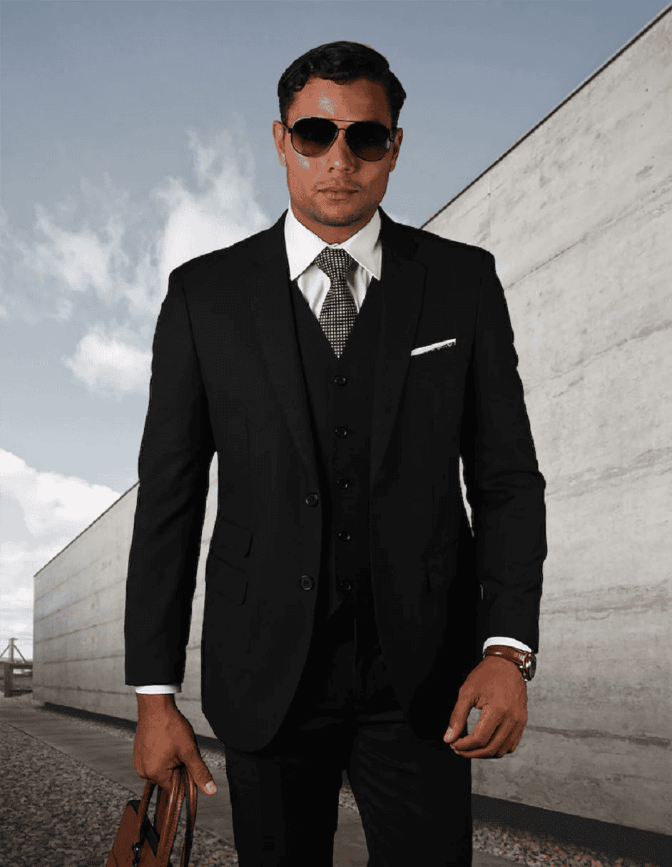 Mens 2 Button Modern Fit Vested Pick Stich Suit in Black | Alberto Nardoni