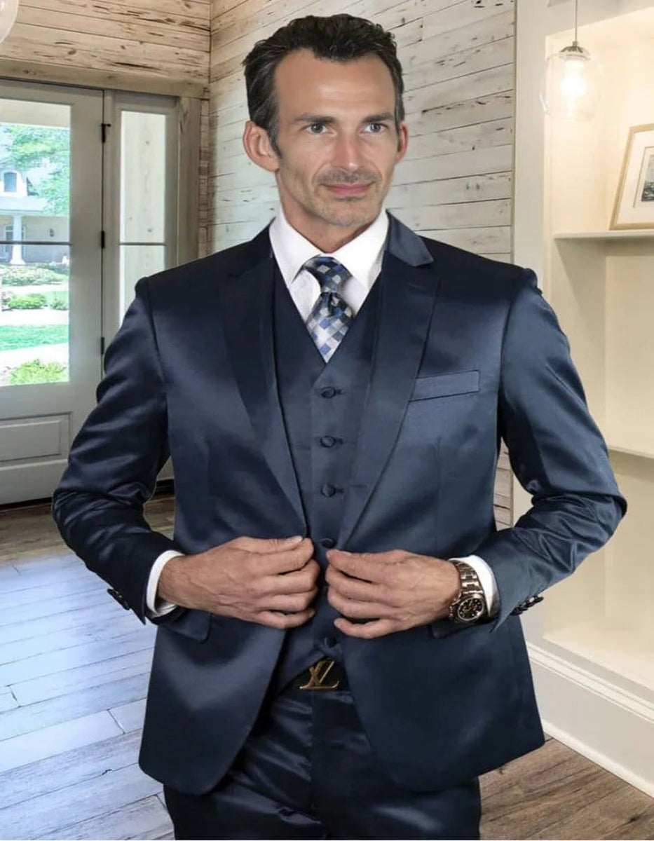 Cobalt Blue Suit - Men's Designer Shiny Satin Sharkskin Modern Fit Sap ...