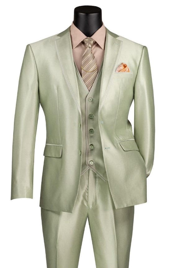 Mens Notch Label Slim Fit Fancy Prom Suit Shiny Sage Green 3 Piece Suit ...