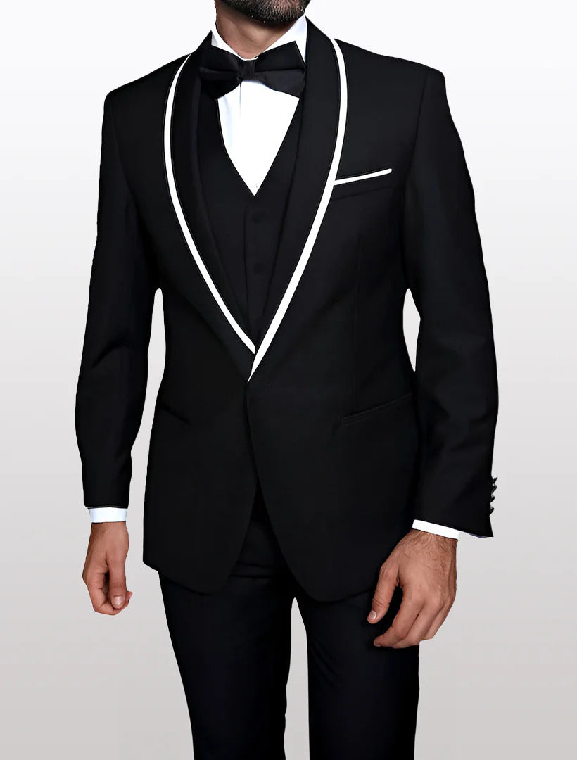 Statement Men's Black with White Lapel Vested 100% Wool Tuxedos ...
