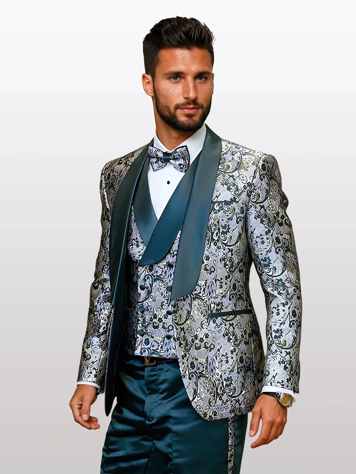 Statement Men's Hunter Green Patterned Vested Tuxedos with Bowtie ...
