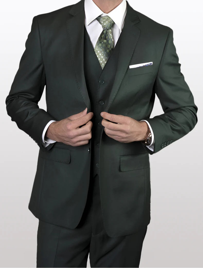Statement Men's Solid Hunter Green 100% Wool Vested Suits (Tailored Fit ...