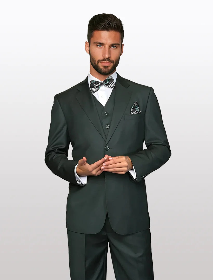 Statement Men's Solid Hunter Green 100% Wool Vested Suits (Modern Fit ...