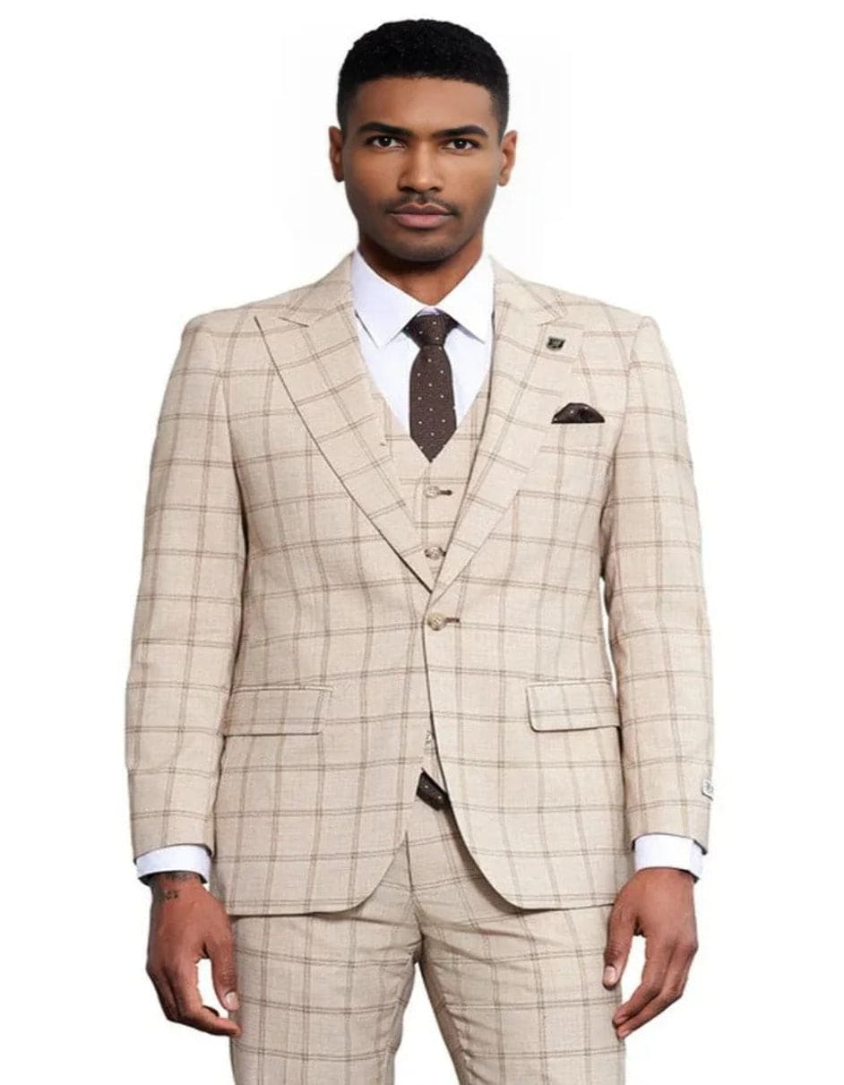 Men's Stacy Adams One Button Peak Lapel Vested Windowpane Tan Plaid ...