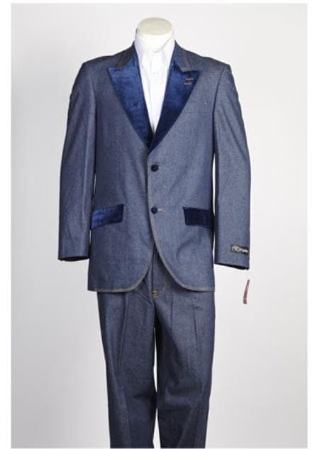 Single Breasted Men's Velvet 2 Button Denim Tuxedo Jean Blue Suit ...