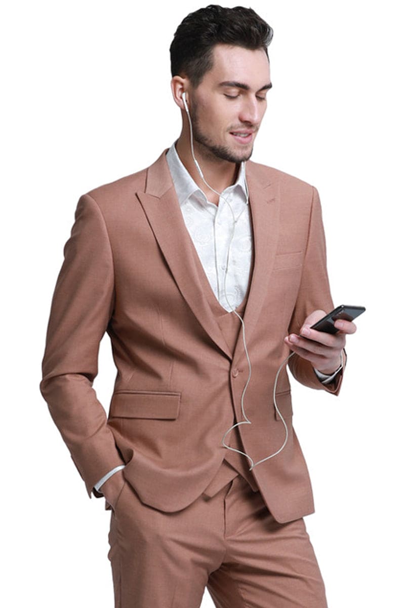 "Peach Men's Slim Fit Wedding Suit with Peak Lapel Vest" | Alberto Nardoni