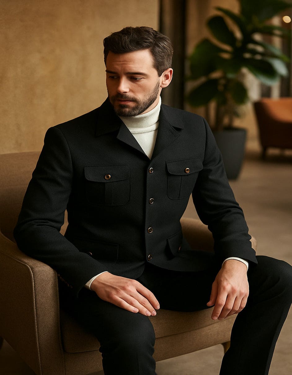 Men's Black Safari Suit with Textured Utility Jacket and Matching ...