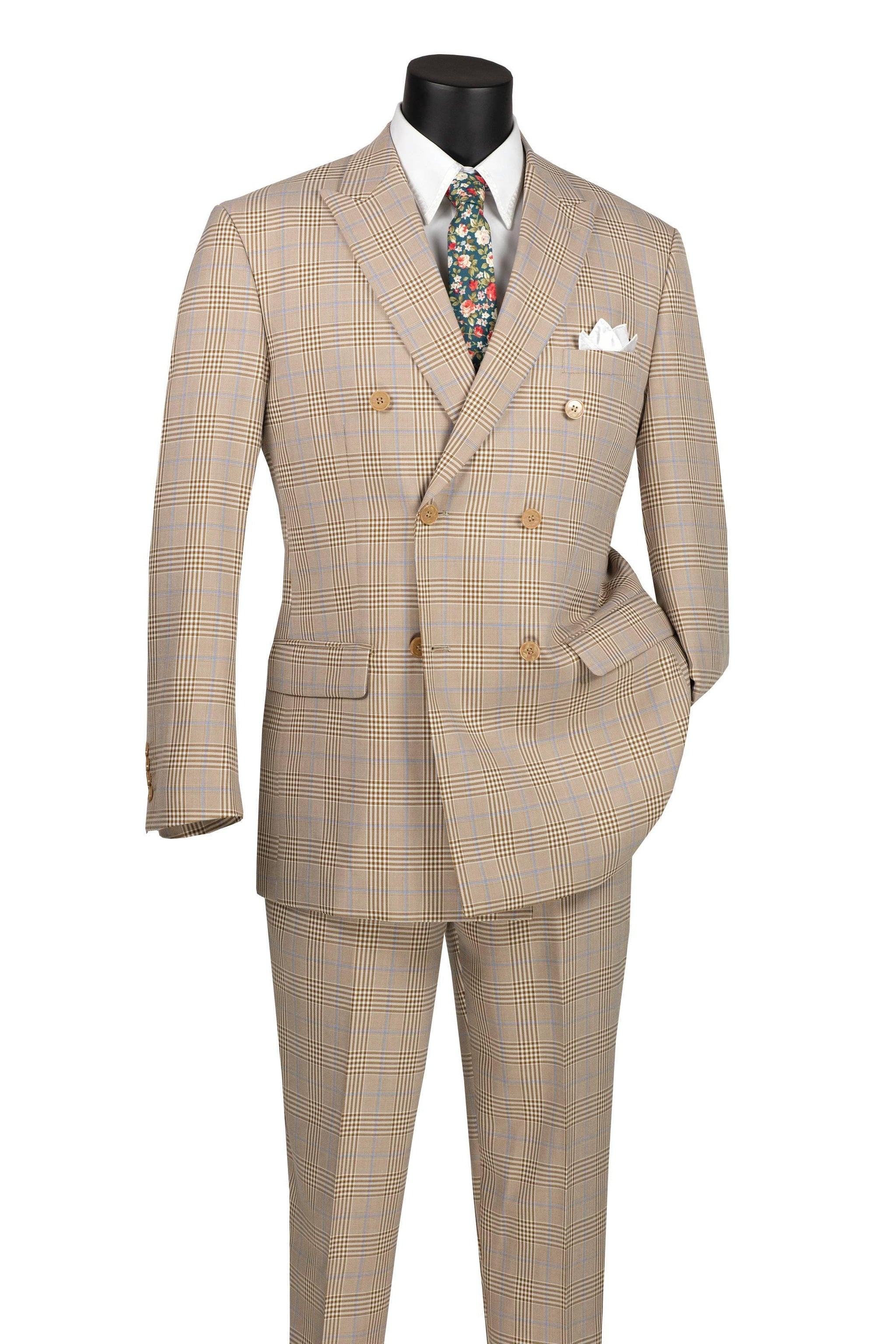 Beige Windowpane Double Breasted Suit | Alberto Nardoni