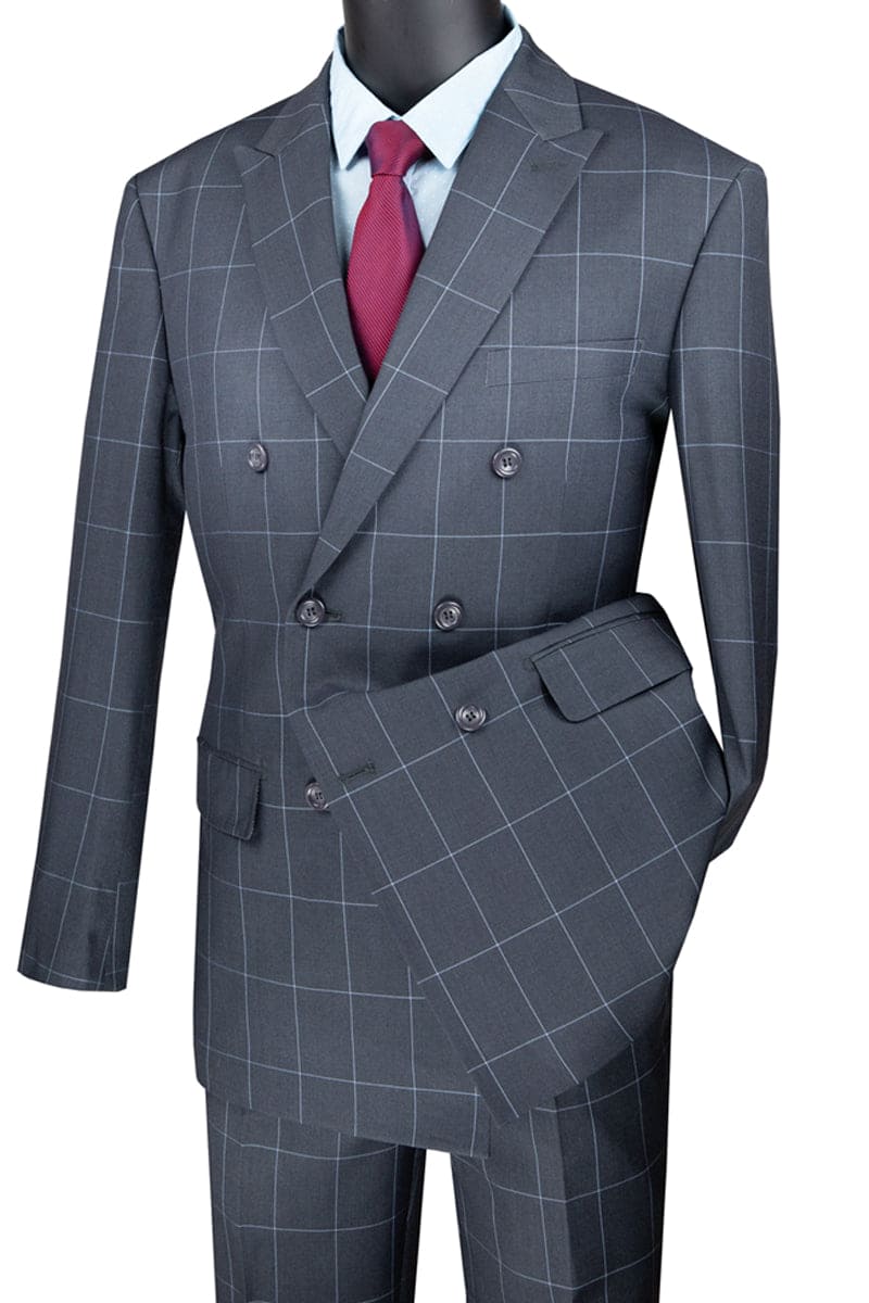Mens Double Breasted Bold Windowpane Suit in Medium Grey | Alberto Nardoni