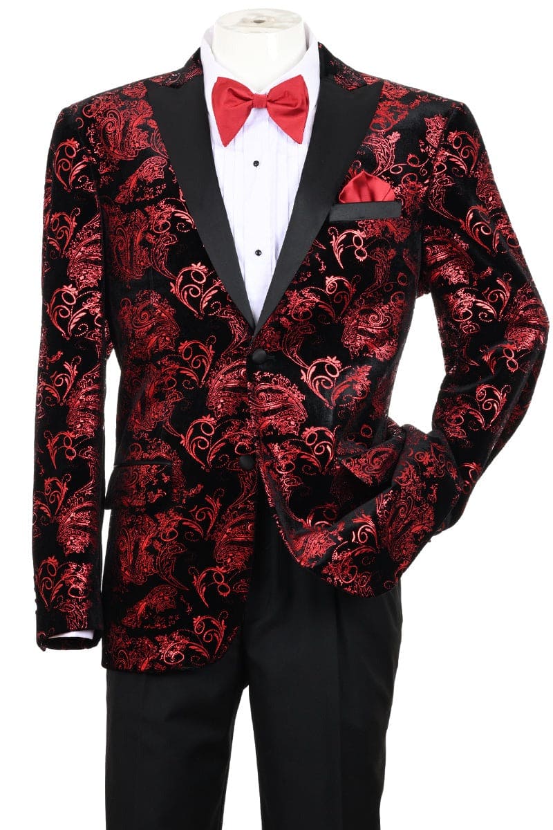 Black and Red Suit Men's Modern Fit Velvet Floral Paisley Foil Tuxedo ...