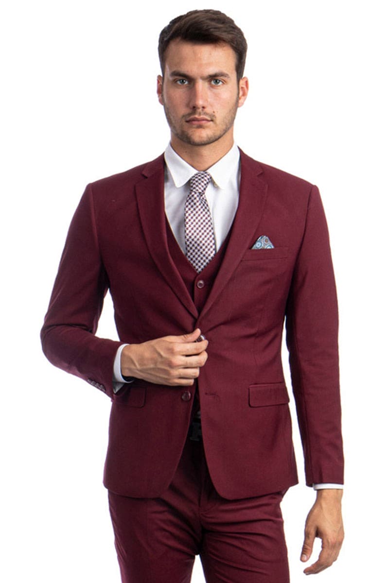 Men's Two Button Slim Fit Vested Solid Basic Color Suit in Burgundy ...