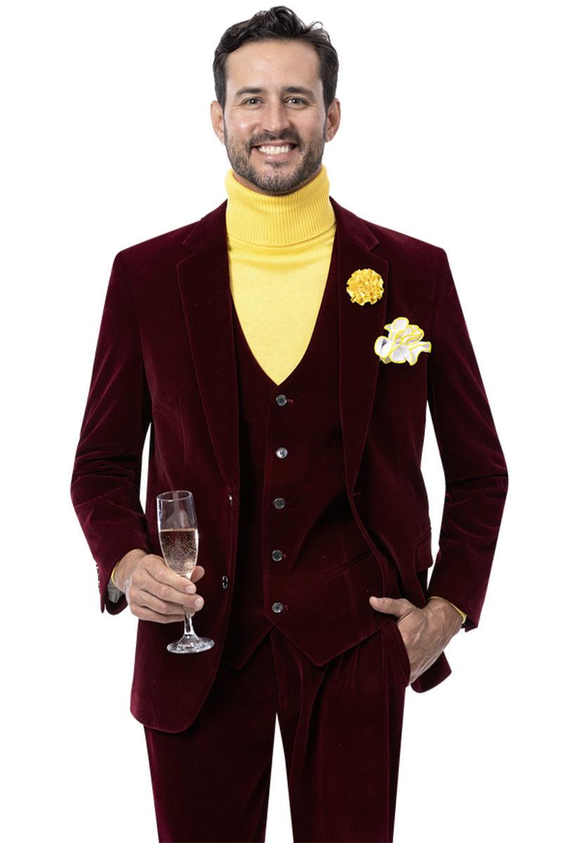 "EJ Samuel Burgundy Velvet Vested Men's Suit: Classic 2-Button Design ...