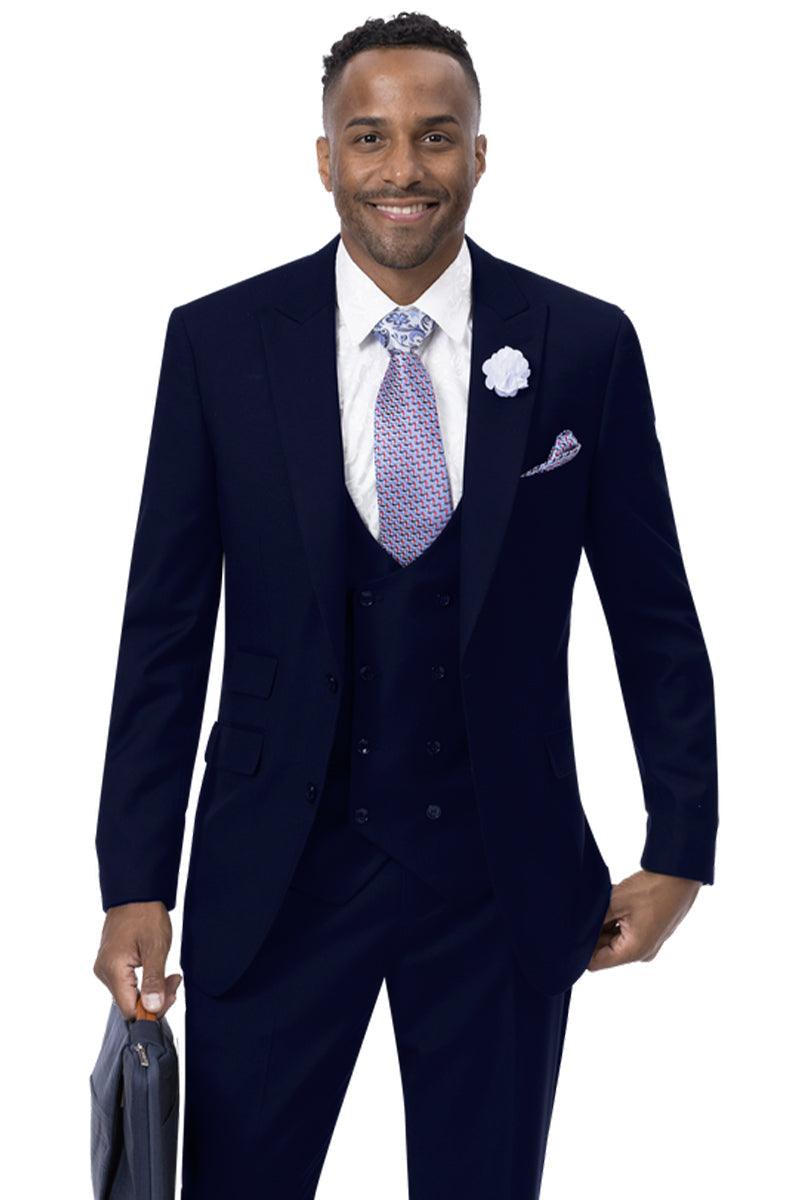 "EJ Samuel Men's Navy Blue Peak Lapel 2-Button Vested Suit with Double ...