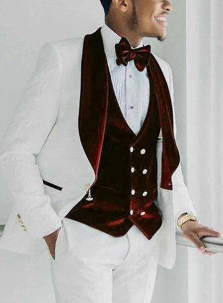 Wedding Tuxedo - Groom Suit - White and Burgundy Prom Suit | Alberto ...