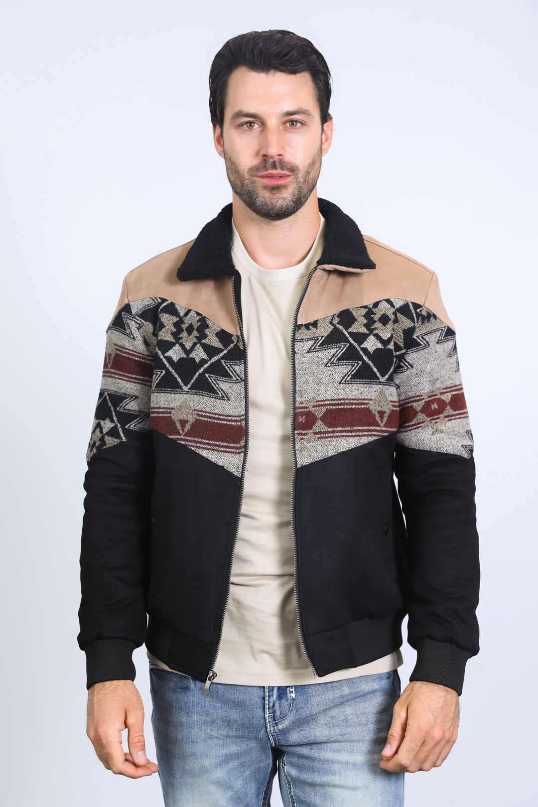 Men’s Tribal Aztec Quilted Jacket – Black & Beige Twill with Suede ...