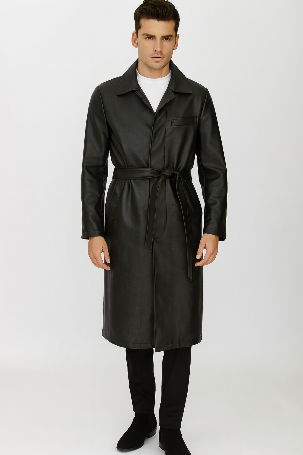 Men’s Black PU Belted Trench Coat – Long Leather Look Overcoat Full ...