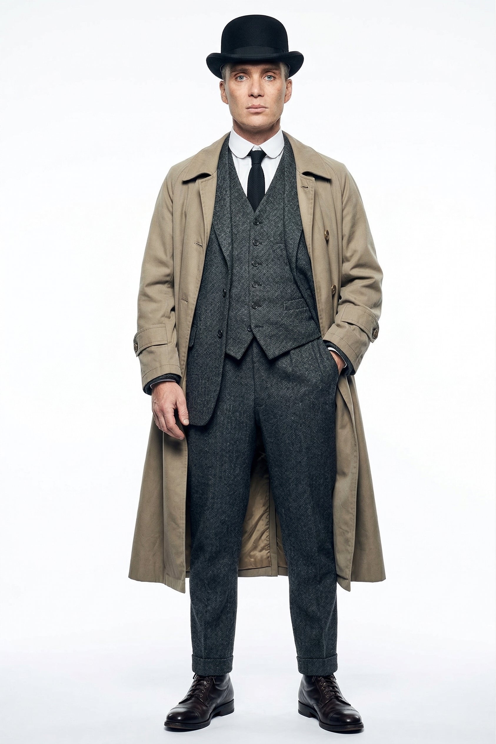 Mens Beige Vintage Style Trenchcoat Overcoat + Suit + Hat – Classic ...