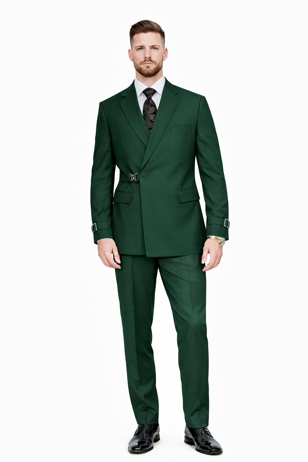 Mens Designer Tailored Fit Hunter Green Double Breasted Wool Suit with ...