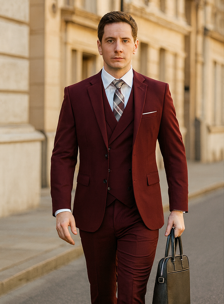 Men's Suit Ticket Pocket 3 Pocket Mehroon Suit With Double Breasted ...