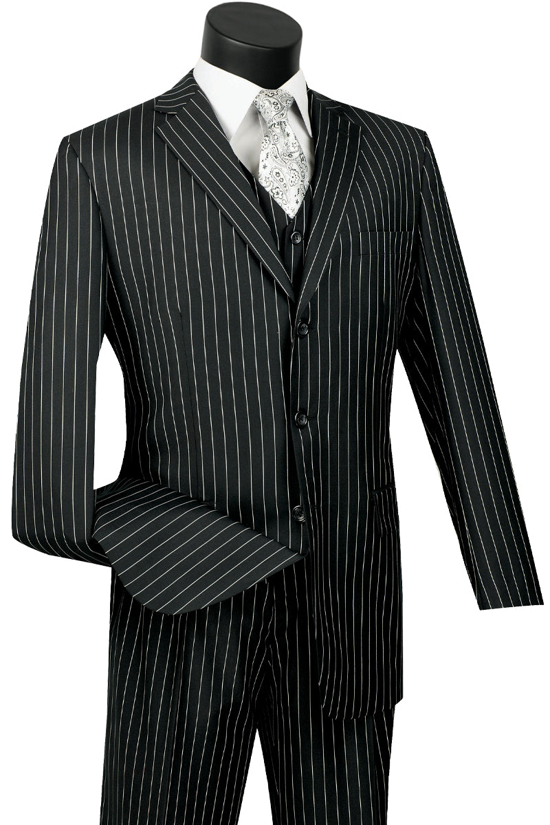 Mens 3 Button Vested Gangster Pinstripe 1920's Suit in Black | Alberto ...